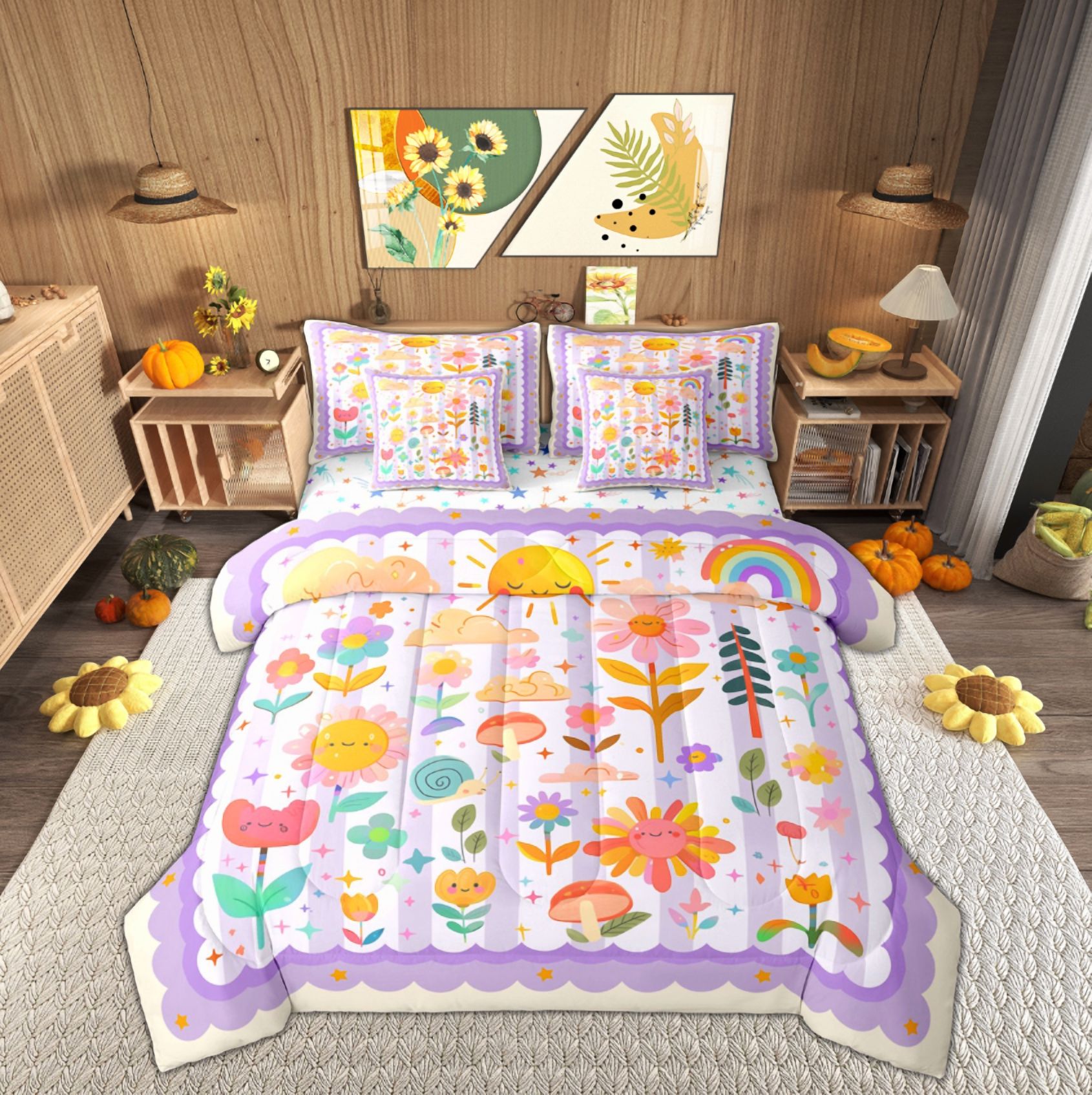 Feelyou Cartoon Groovy Flower Bedding Comforter Set 7pcs, Purple ...
