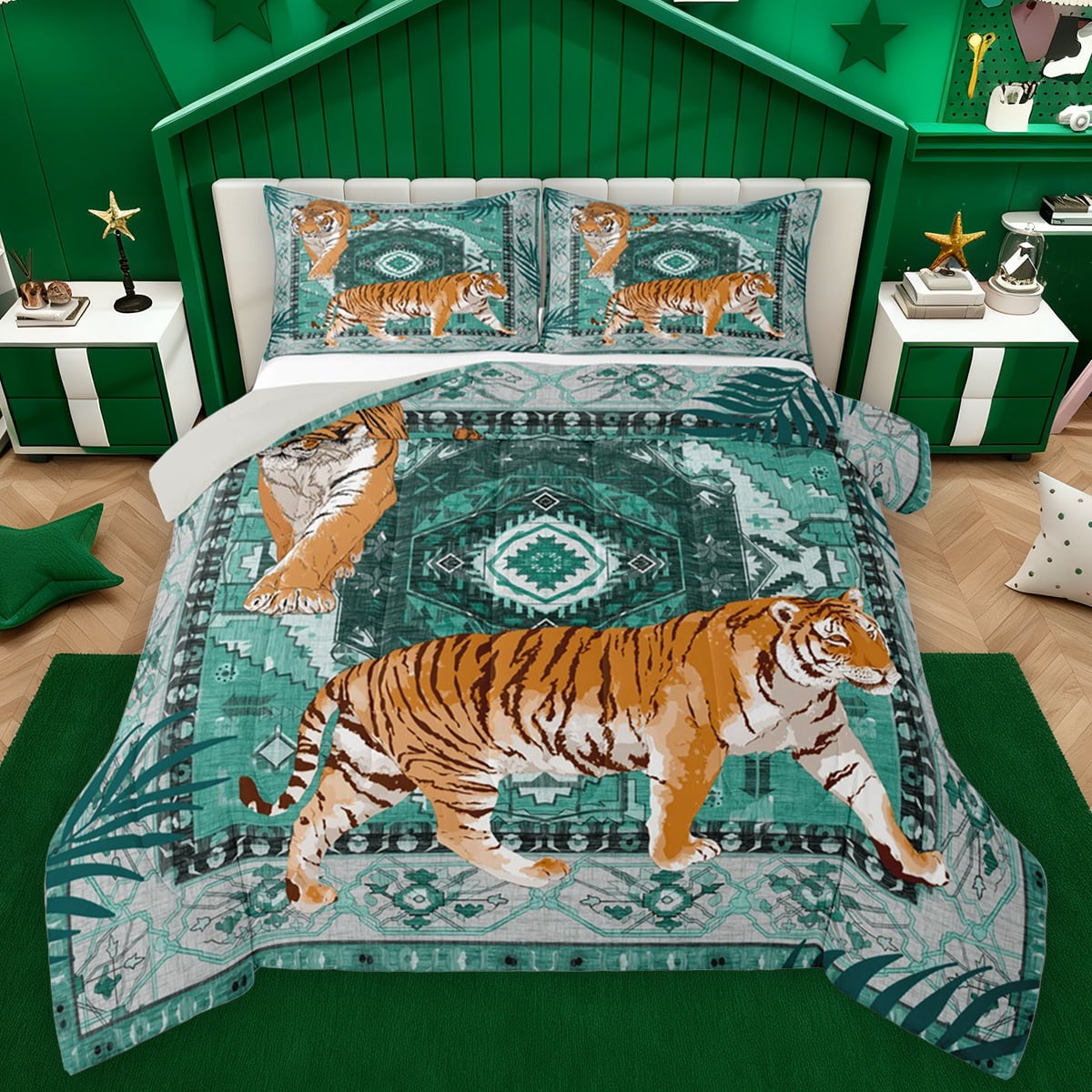 Feelyou Cartoon Jungle Tiger Full Size Comforter Sets, Green Tribal ...