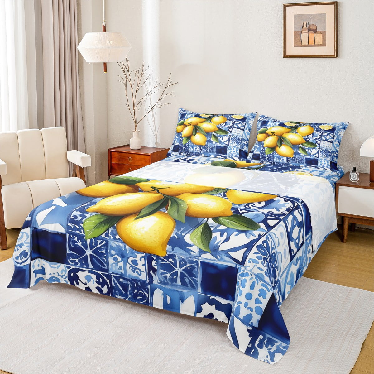 Feelyou Cartoon Lemon Full Size Sheets for Teens, Blue Geometric Bed ...