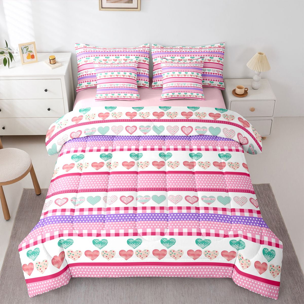 Feelyou Cartoon Love Heart Bedding Comforter Set 7pcs, Pink Stripe Line ...
