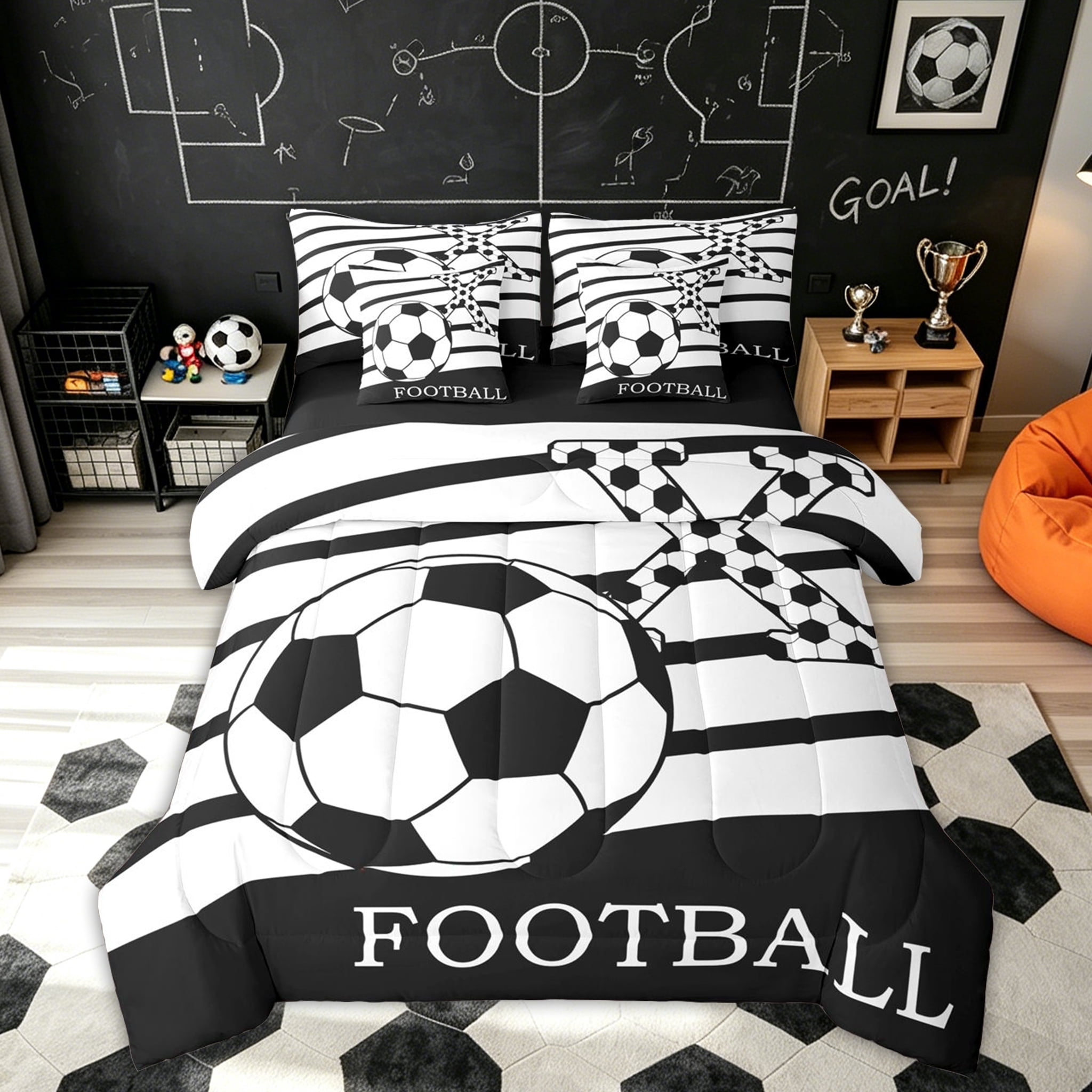 Feelyou Cartoon Monogram Soccer King Bedding for Kids, Black White ...