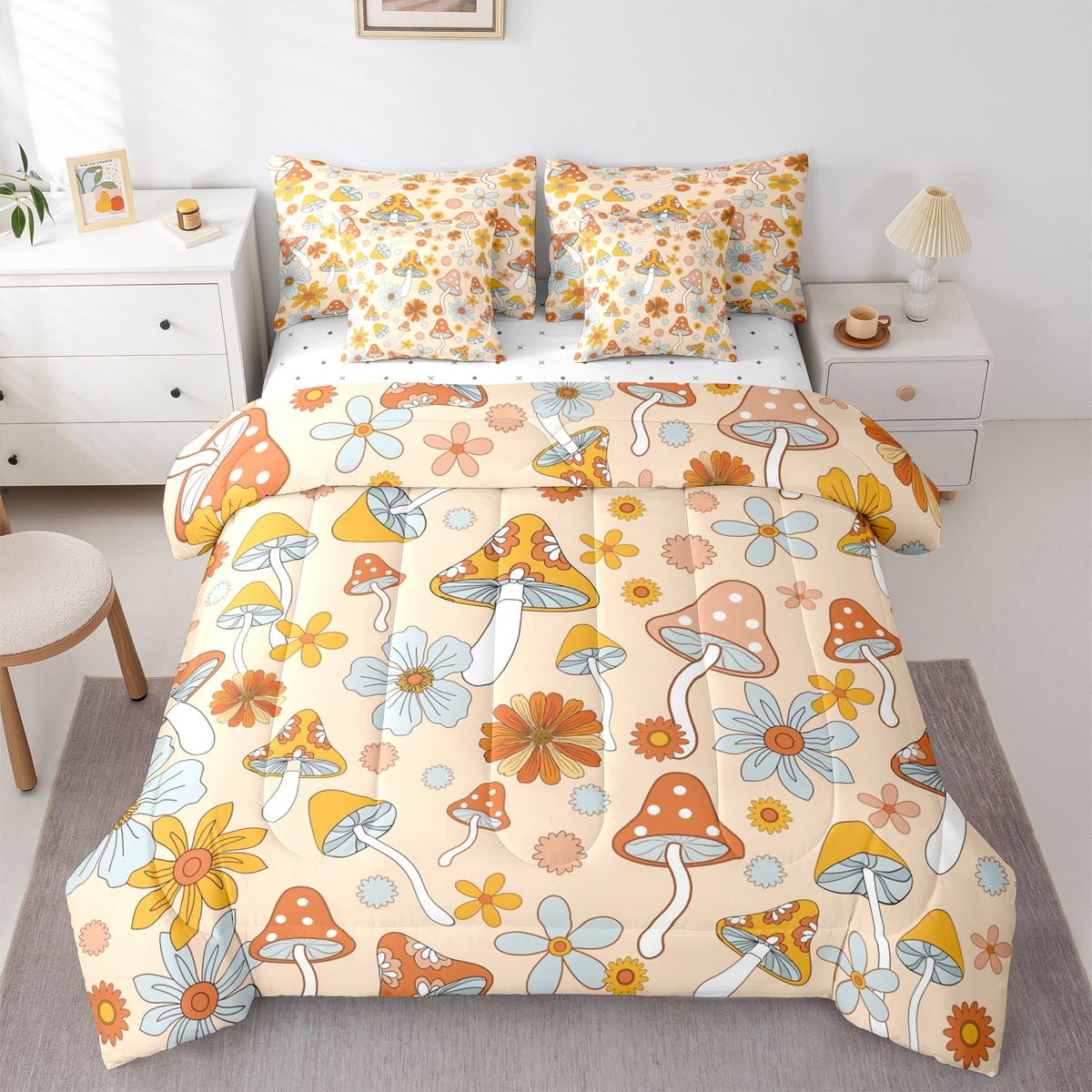 Feelyou Cartoon Mushroom Bedding Comforter Set 7pcs, Blossoms Flower ...