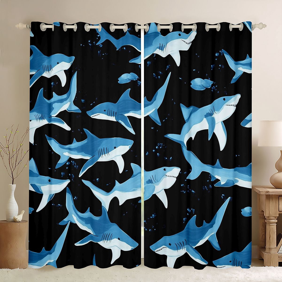 Feelyou Cartoon Ocean Shark Blackout Curtains Set of 2 (52x84 Each) for ...