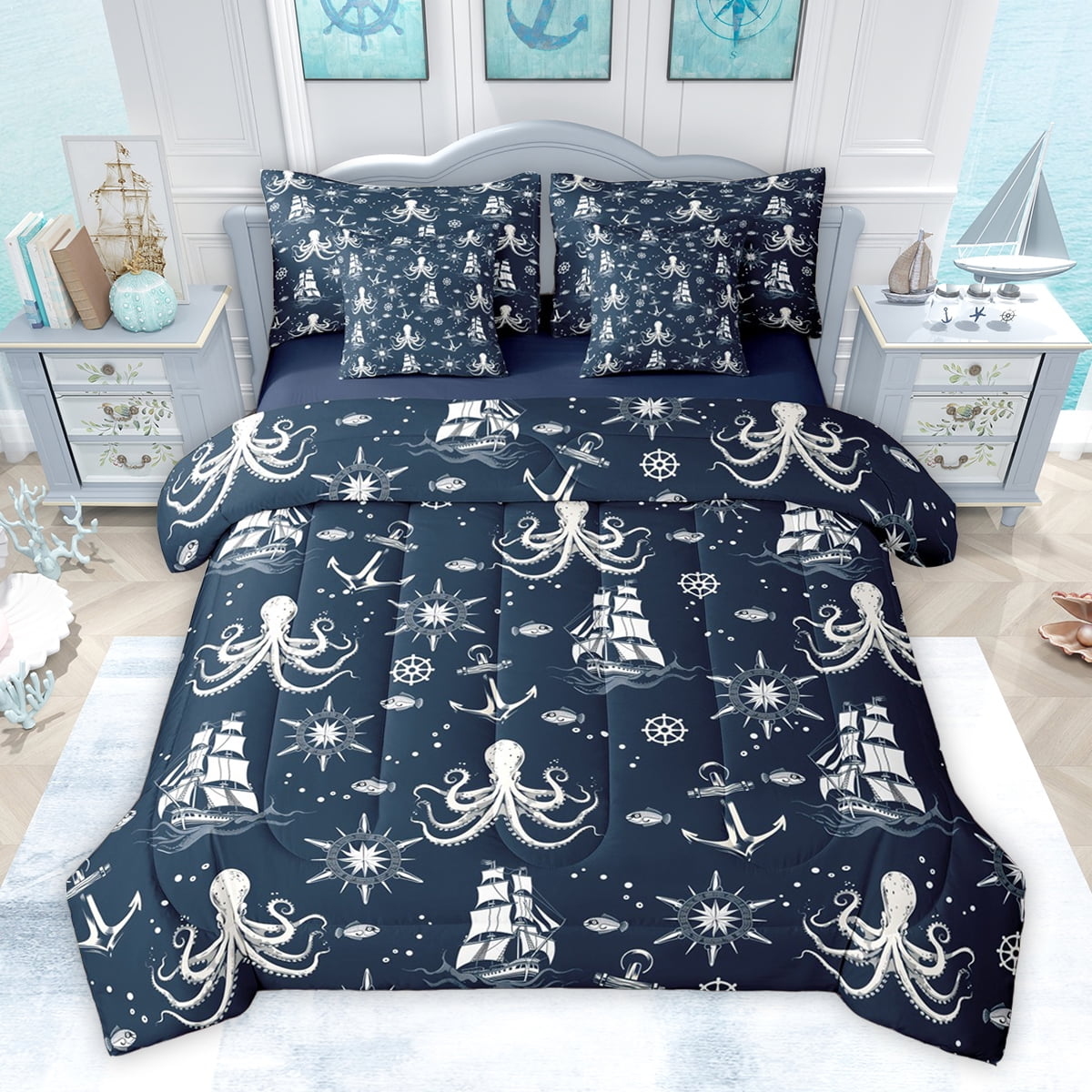 Feelyou Cartoon Octopus Navy Twin Bedding Sets 7-Piece for Teen ...