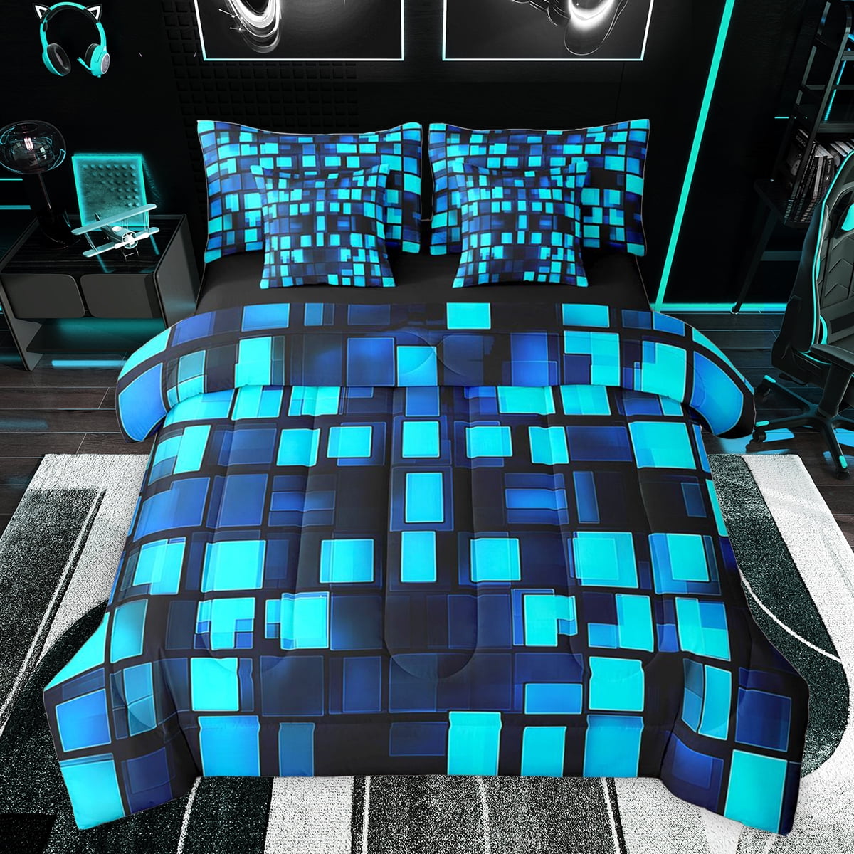 Feelyou Cartoon Pixelate Miner Bedding Comforter Set 7 Pieces, Blue ...