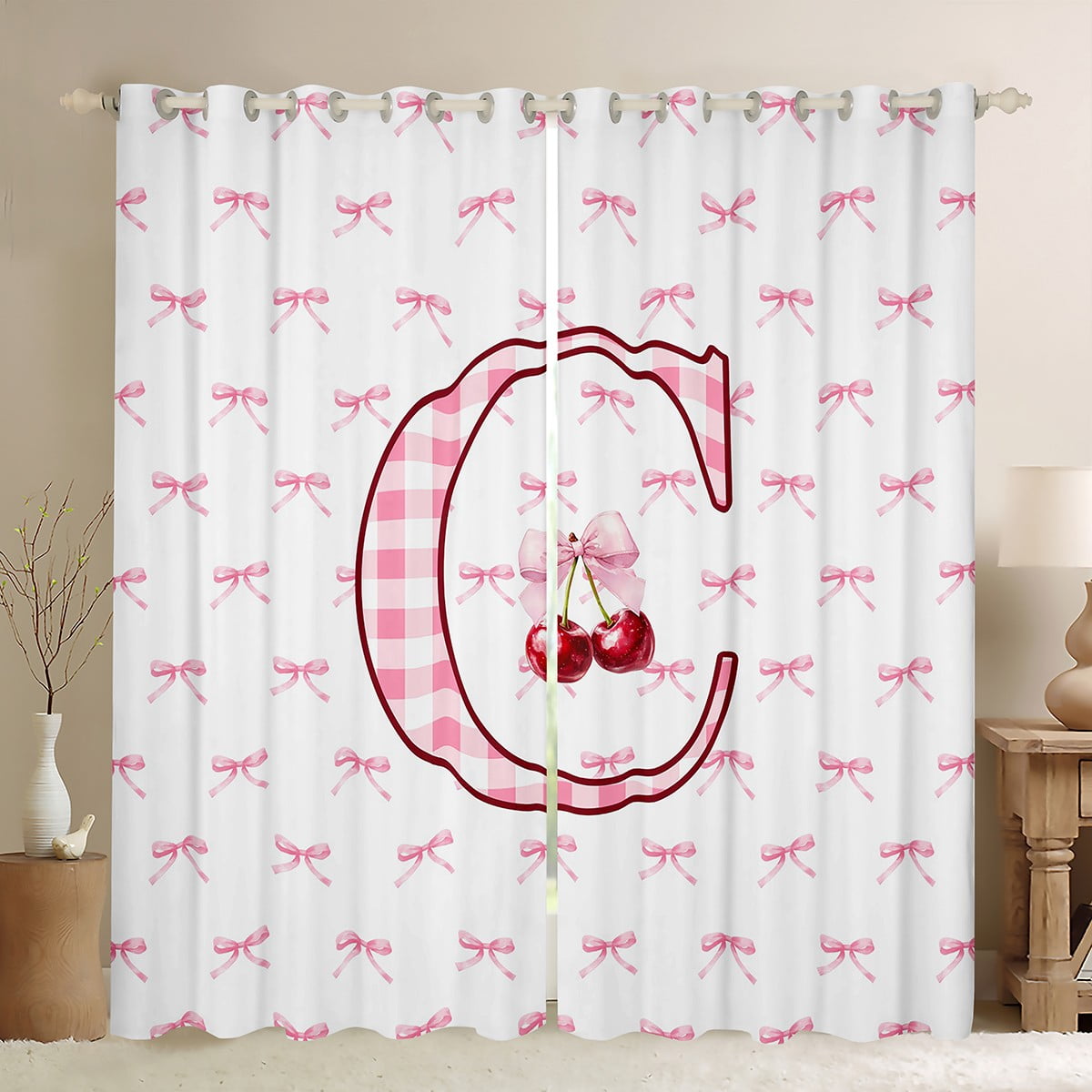 Feelyou Cartoon Plaid Letter C Black Out Curtains, Dreamy Pink Ribbon ...