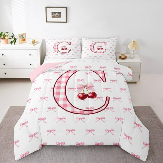 Feelyou Cartoon Plaid Letter C Queen Comforter Set, Dreamy Pink Ribbon ...