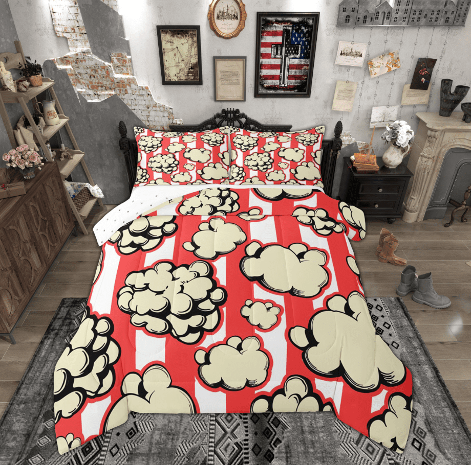 Feelyou Cartoon Popcorn Queen Comforter Set for Kids, Red Stripes ...