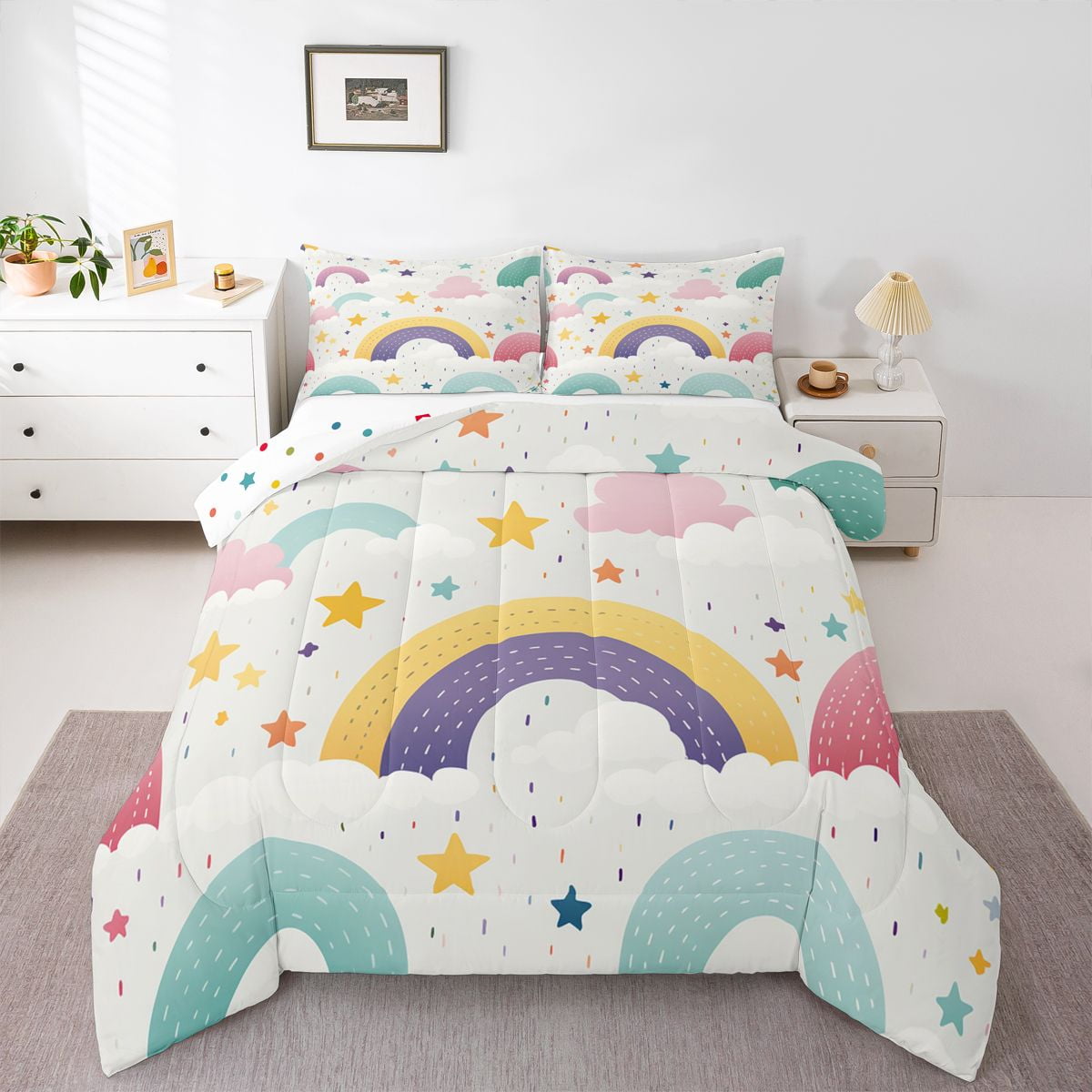 Feelyou Cartoon Rainbow Kids Bedding Comforter Set, Dreamy Starry Sky ...