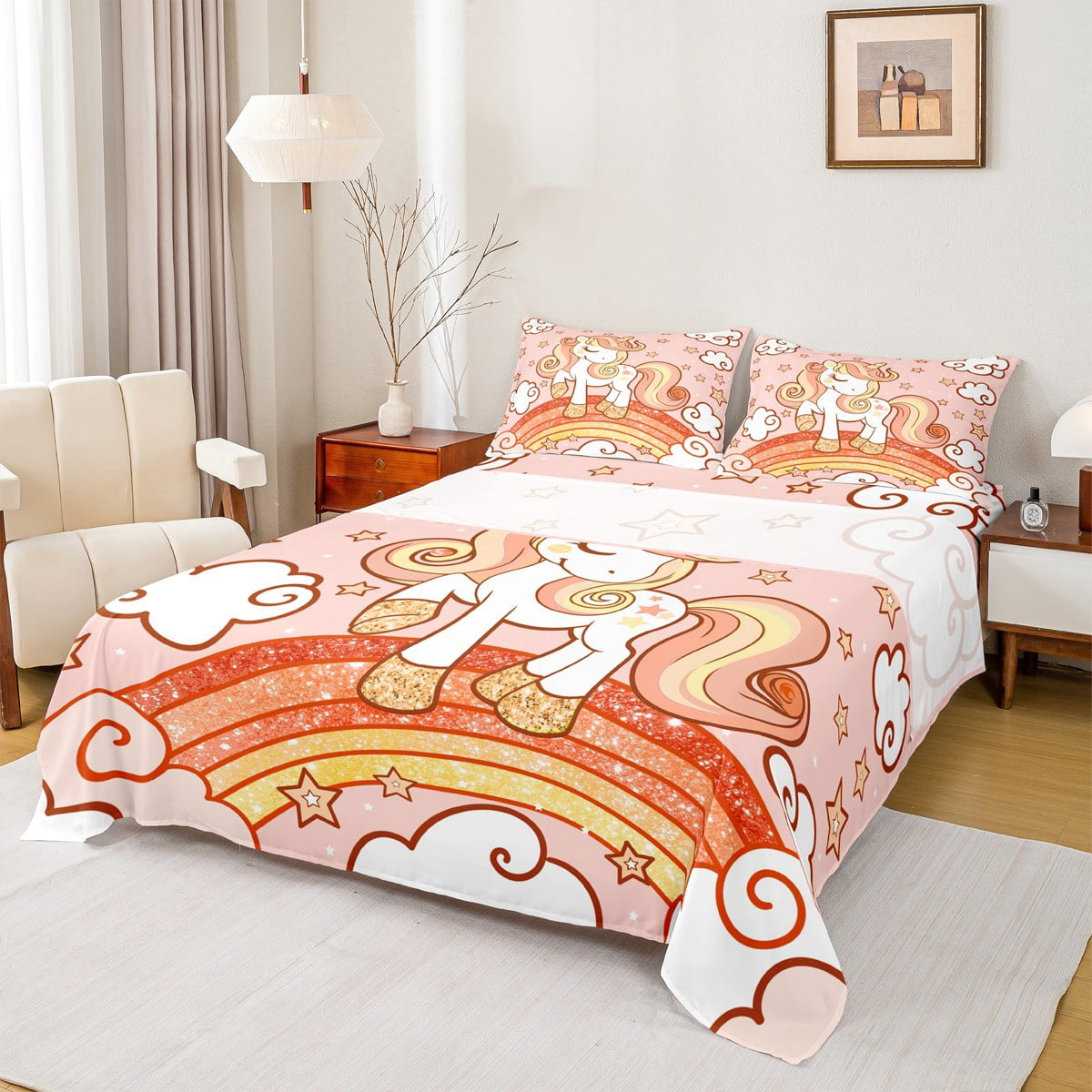 Feelyou Cartoon Rainbow Unicorn Full Size Sheets for Kids, Stars Clouds ...