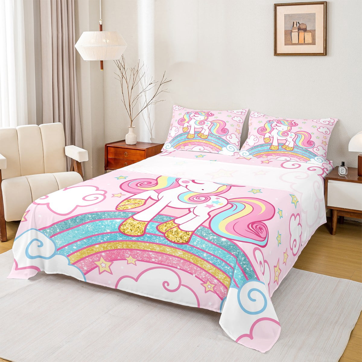 Feelyou Cartoon Rainbow Unicorn Full Size Sheets for Kids, Stars Clouds ...