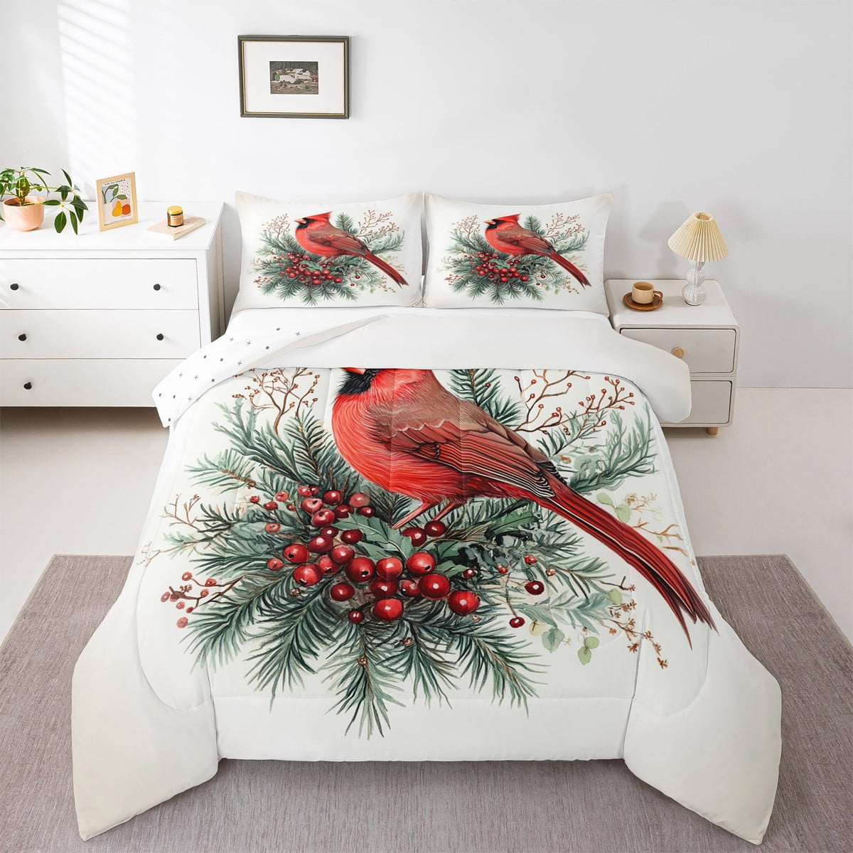 Feelyou Cartoon Red Bird Queen Comforter Set for Teens, Kawaii Rustic ...