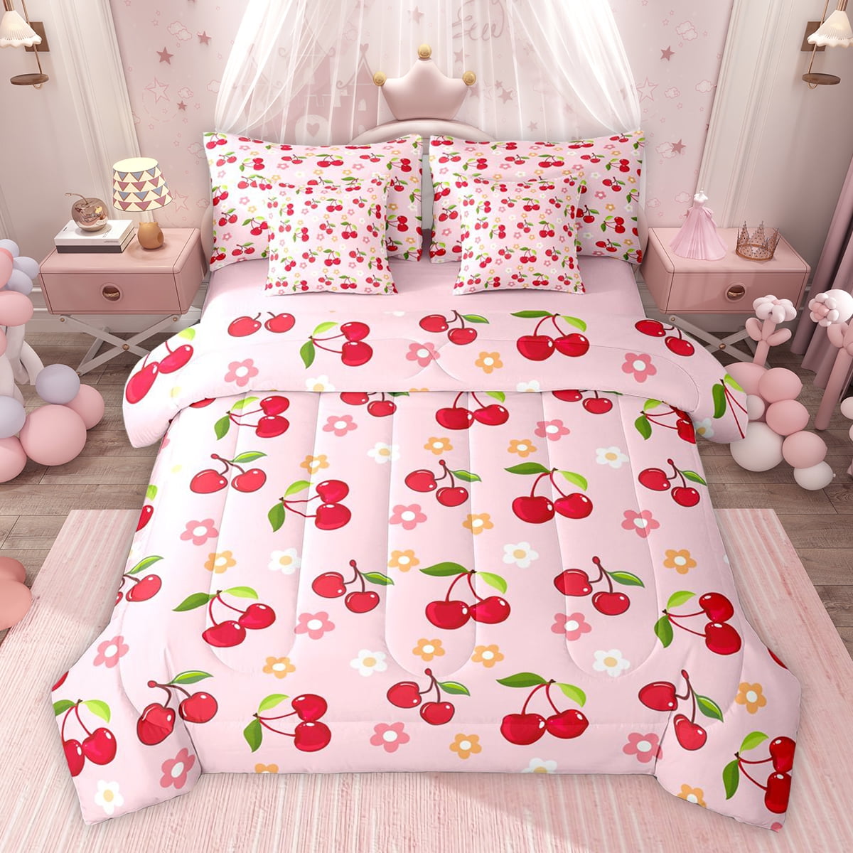 Feelyou Cartoon Red Cherry Bedding Comforter Set 7 Pieces, Pink Cherry ...