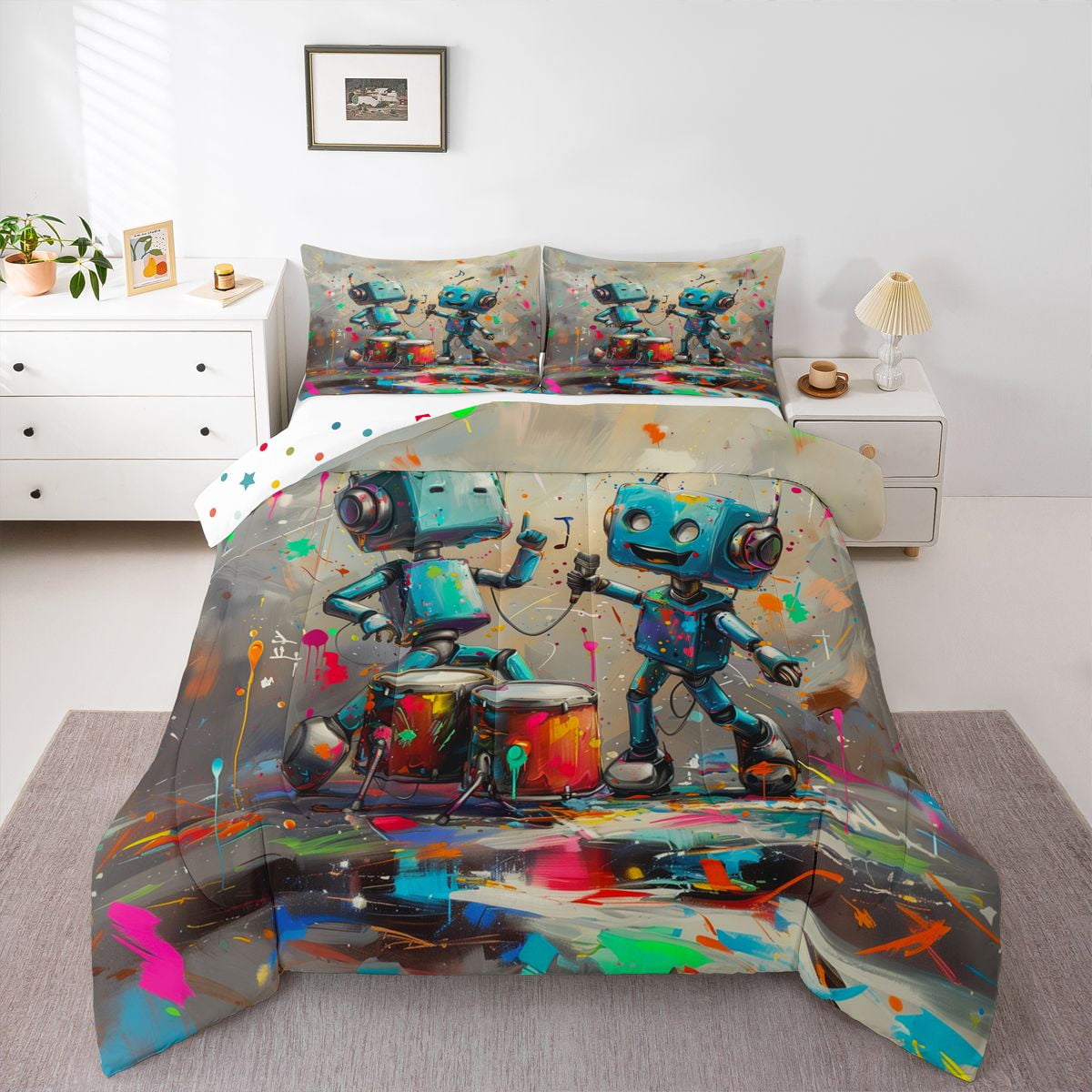 Feelyou Cartoon Robot Kid Twin Comforter Sets, Graffiti Splatter Splash ...