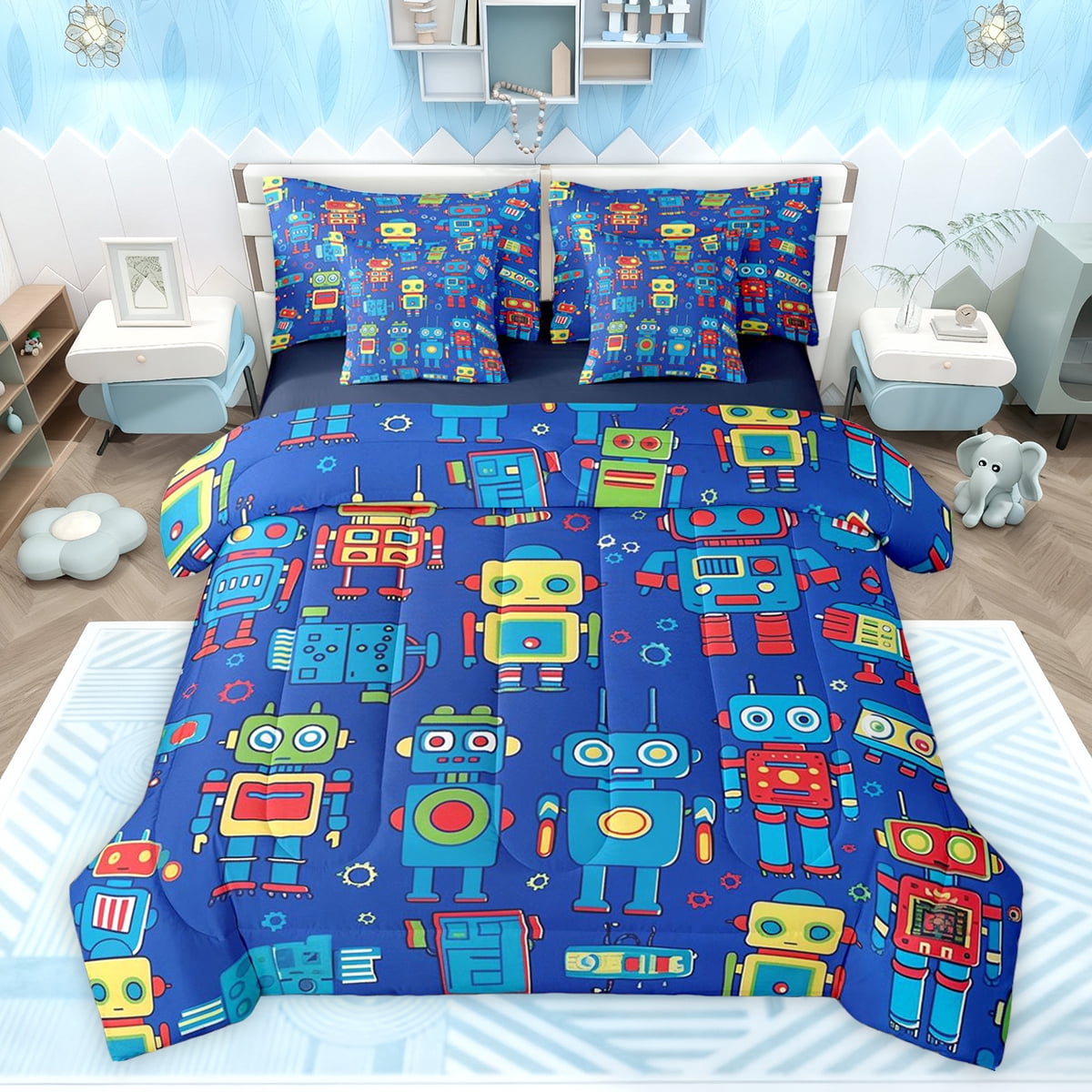 Feelyou Cartoon Robot Teens Bedding Comforter Set 7 Pieces, Blue ...