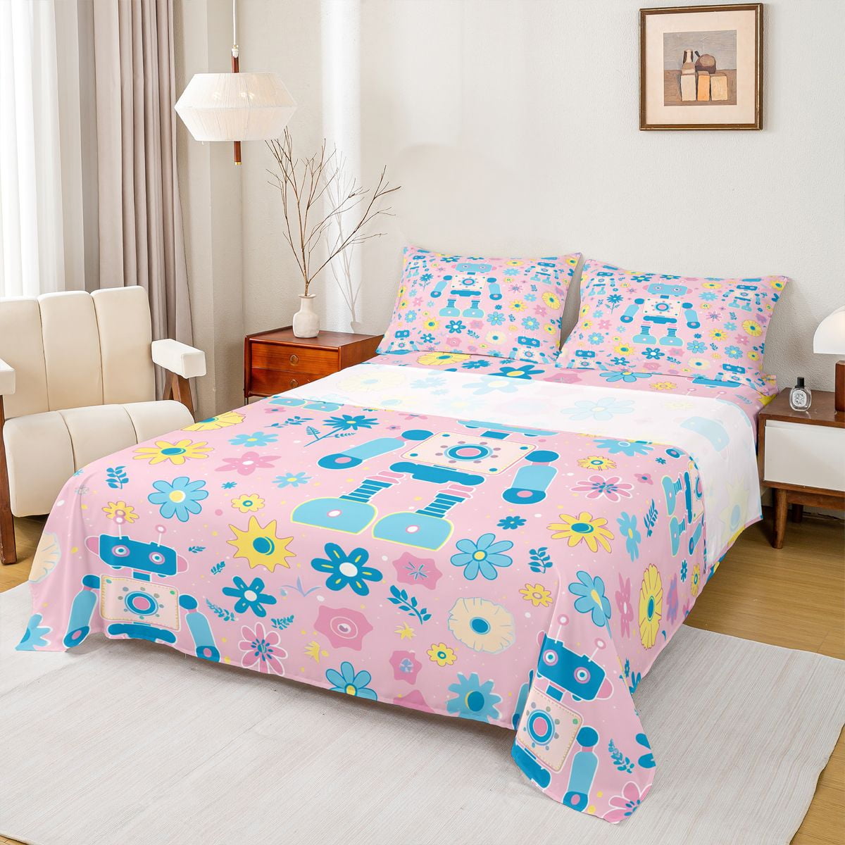 Feelyou Cartoon Robot Teens Full Size Sheets, Floral Flower Bed Sheets ...