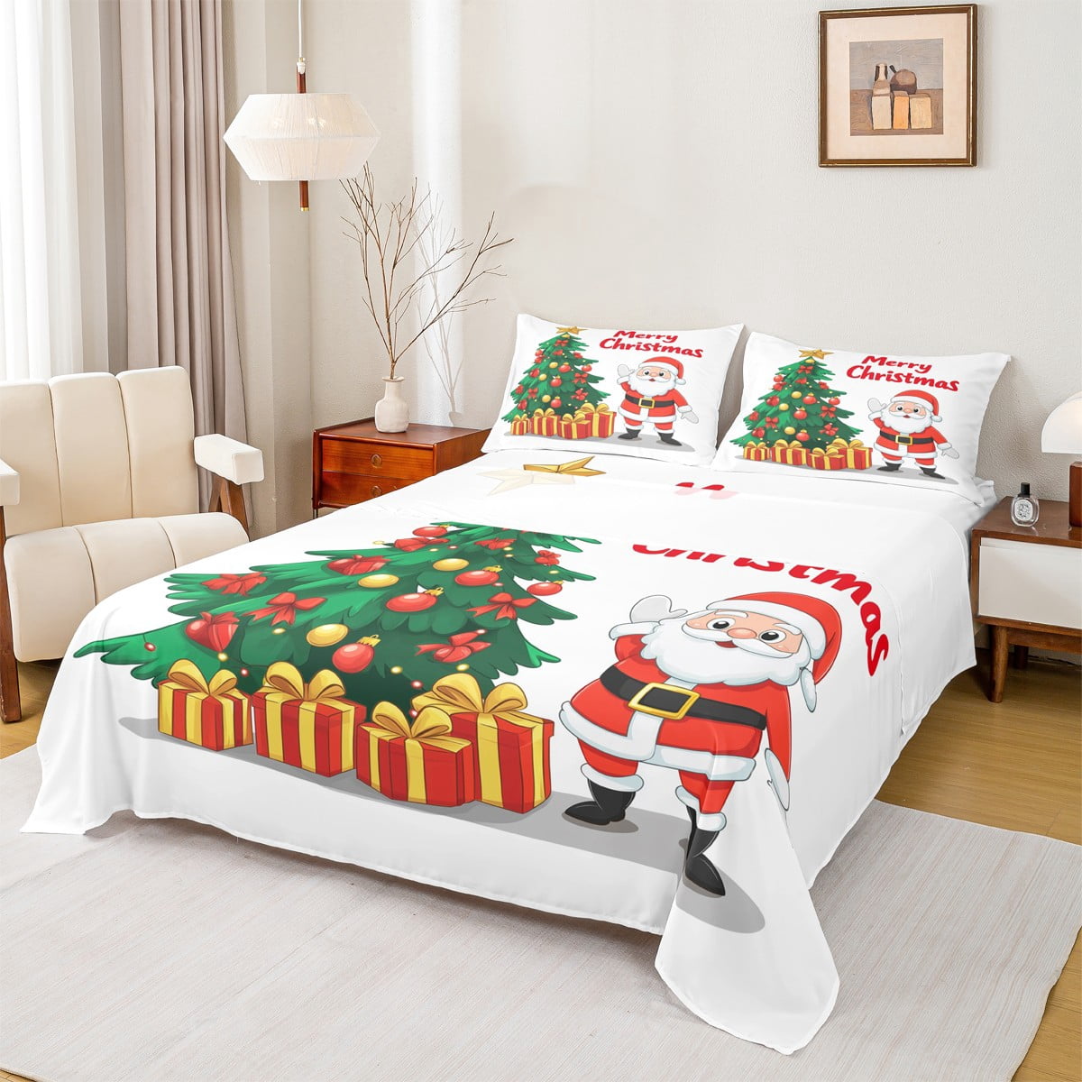 Feelyou Cartoon Santa Claus Bed Sheets, Green Tree Gifts King Sheets ...
