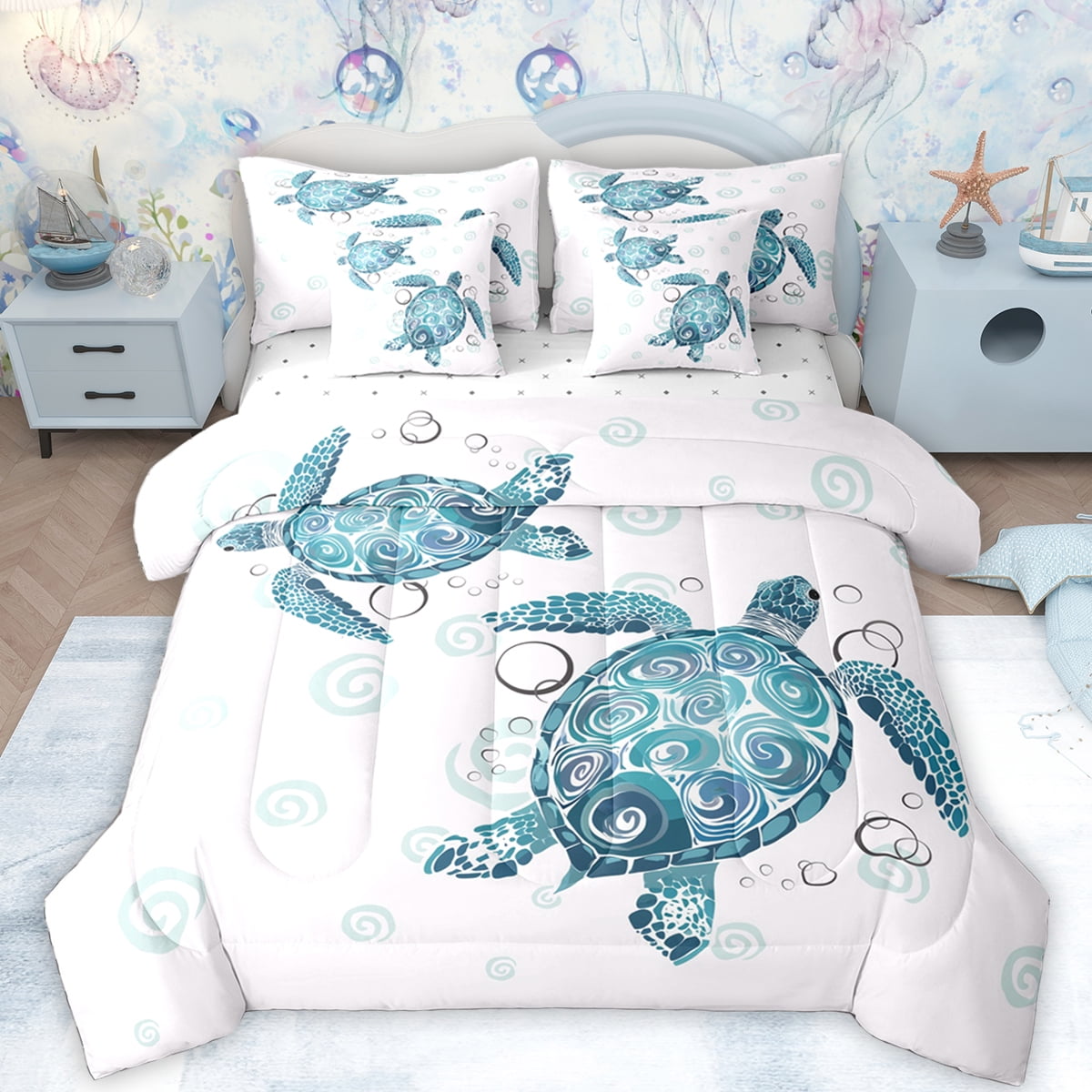 Feelyou Cartoon Sea Turtle Bedding Comforter Set 7pcs for Kids, Kawaii ...