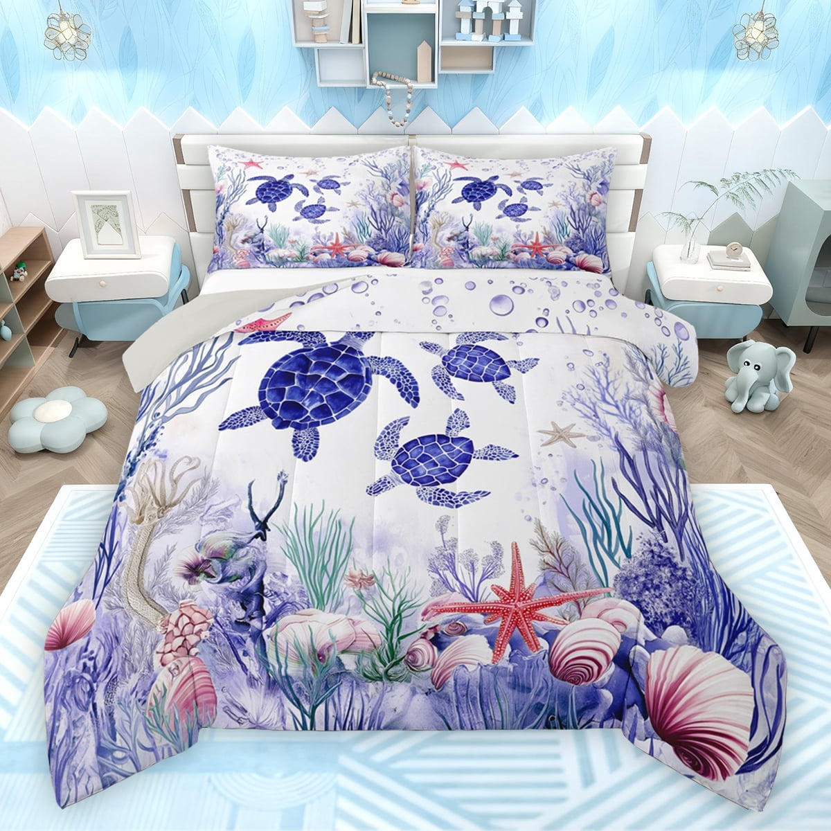 Feelyou Cartoon Sea Turtle Bedding Comforter Set, Kawaii Ocean Animal ...