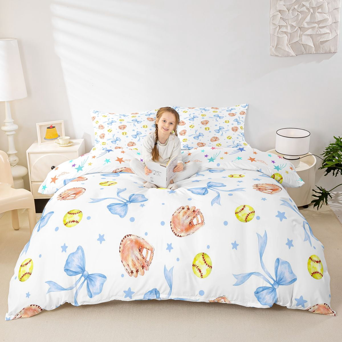 Feelyou Cartoon Softball Glove Duvet Cover Queen for Girls, Kawaii Blue ...