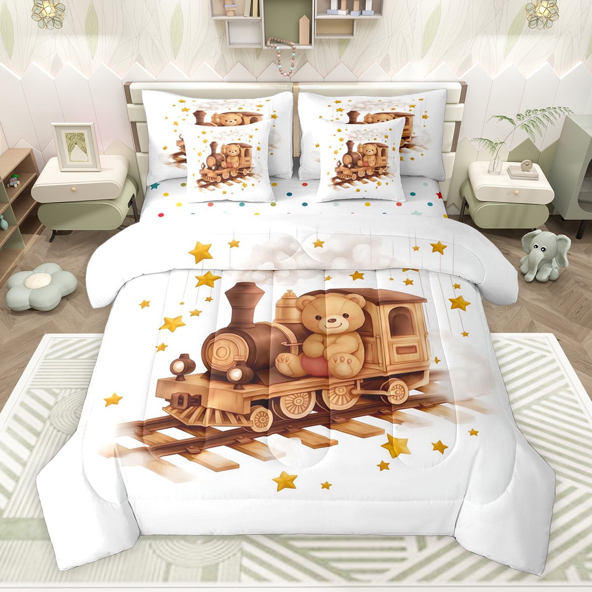 Feelyou Cartoon Train Kids Twin Bedding Sets 7-Piece, Dreamy Bear Stars ...