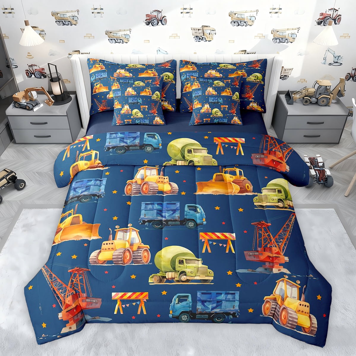 Feelyou Cartoon Truck Car Bedding Comforter Set 7 Pieces, Navy Vehicle ...