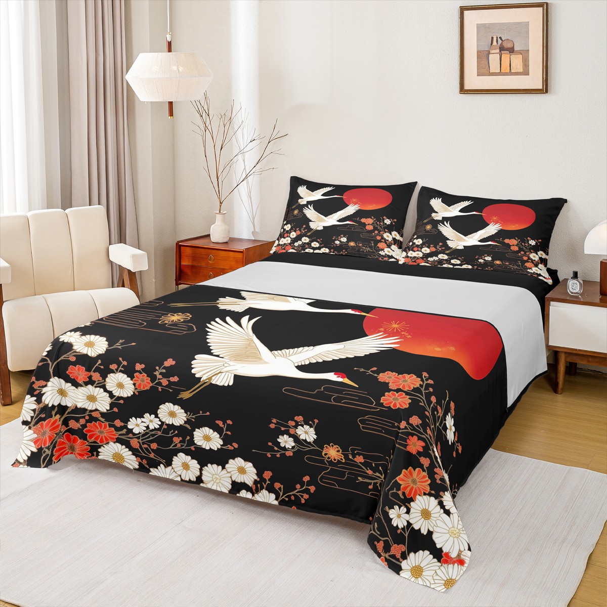 Feelyou Cartoon White Crane Twin Sheet Sets for Adult, Japanese Cherry ...