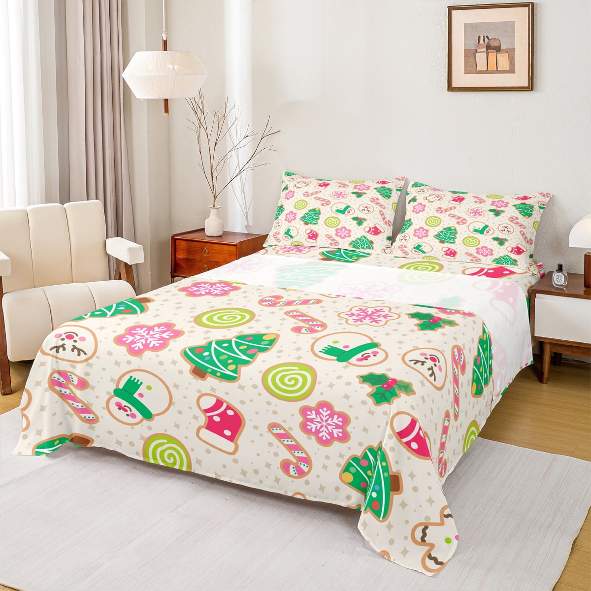 Feelyou Cartoon Xmas Tree Queen Sheet Sets, Winter Christmas Flat Sheet ...