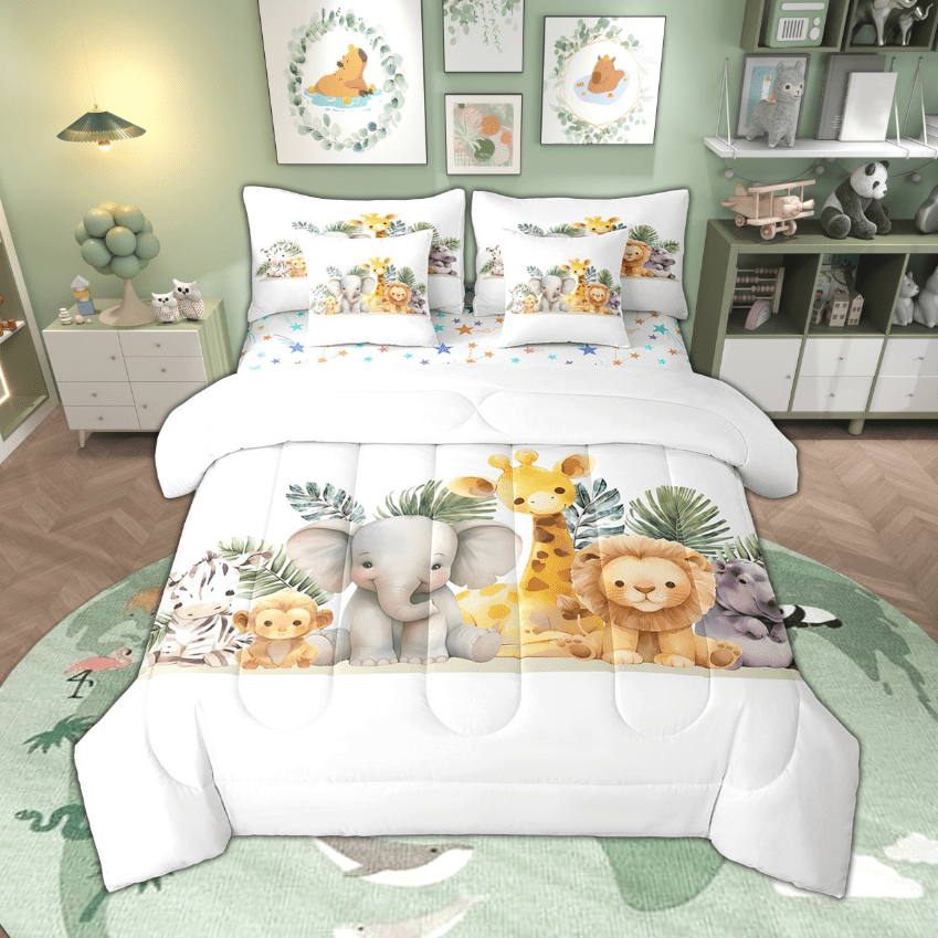 Feelyou Cartoon Zoo Animal Bedding Comforter Set 7pcs for Boys Girls, Giraffe Lion Hippo King ...