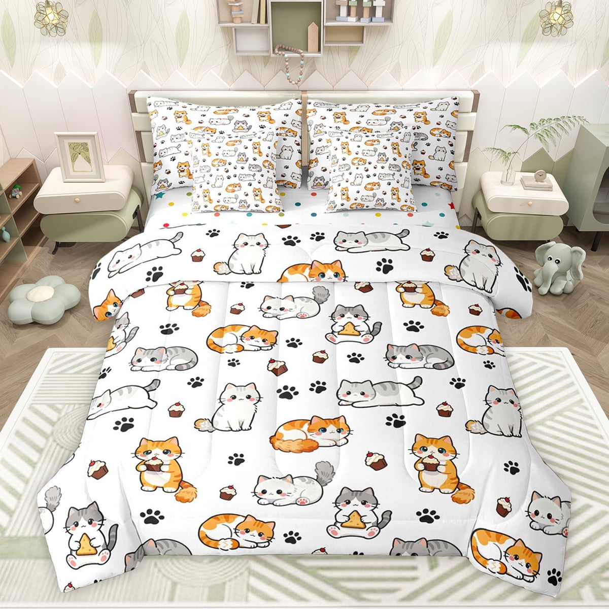Feelyou Cat Kitten Bedding Comforter Set 7 Pieces, Funny Cartoon Animal ...