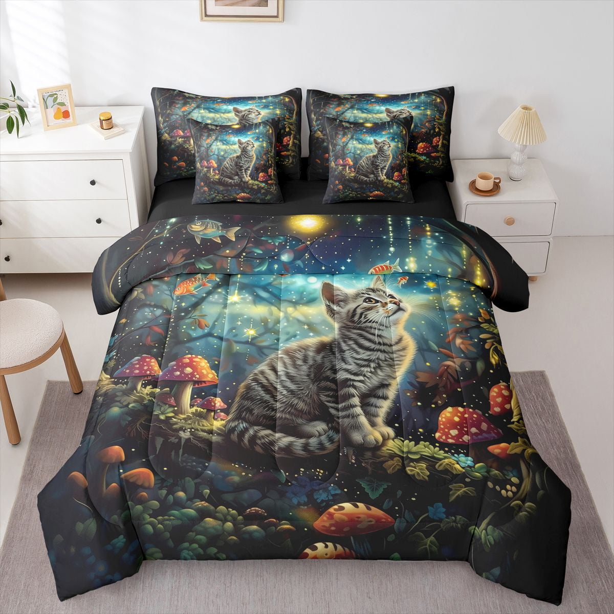 Feelyou Cat Kitten Bedding Comforter Set 7 Pieces, Mushroom Stars ...