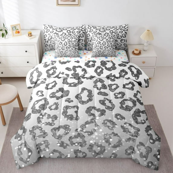 Feelyou Cheetah Leopard Print Comforter Set 7pcs, Grey Glitter Diamond ...
