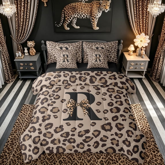 Feelyou Cheetah Print Bow R Initial Full Size Bedding Sets for Women ...