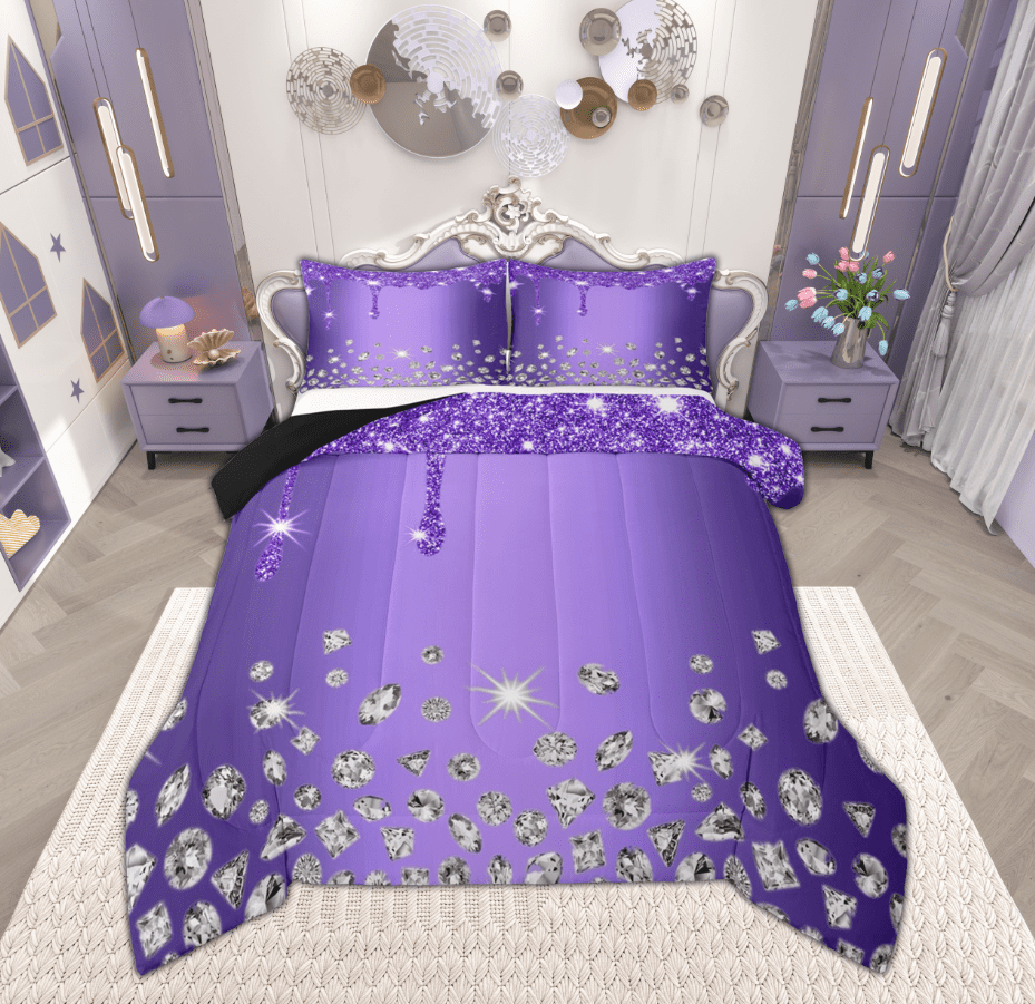 Feelyou Chic Bling Diamond Bedding Comforter Set, Purple Sequin Print ...