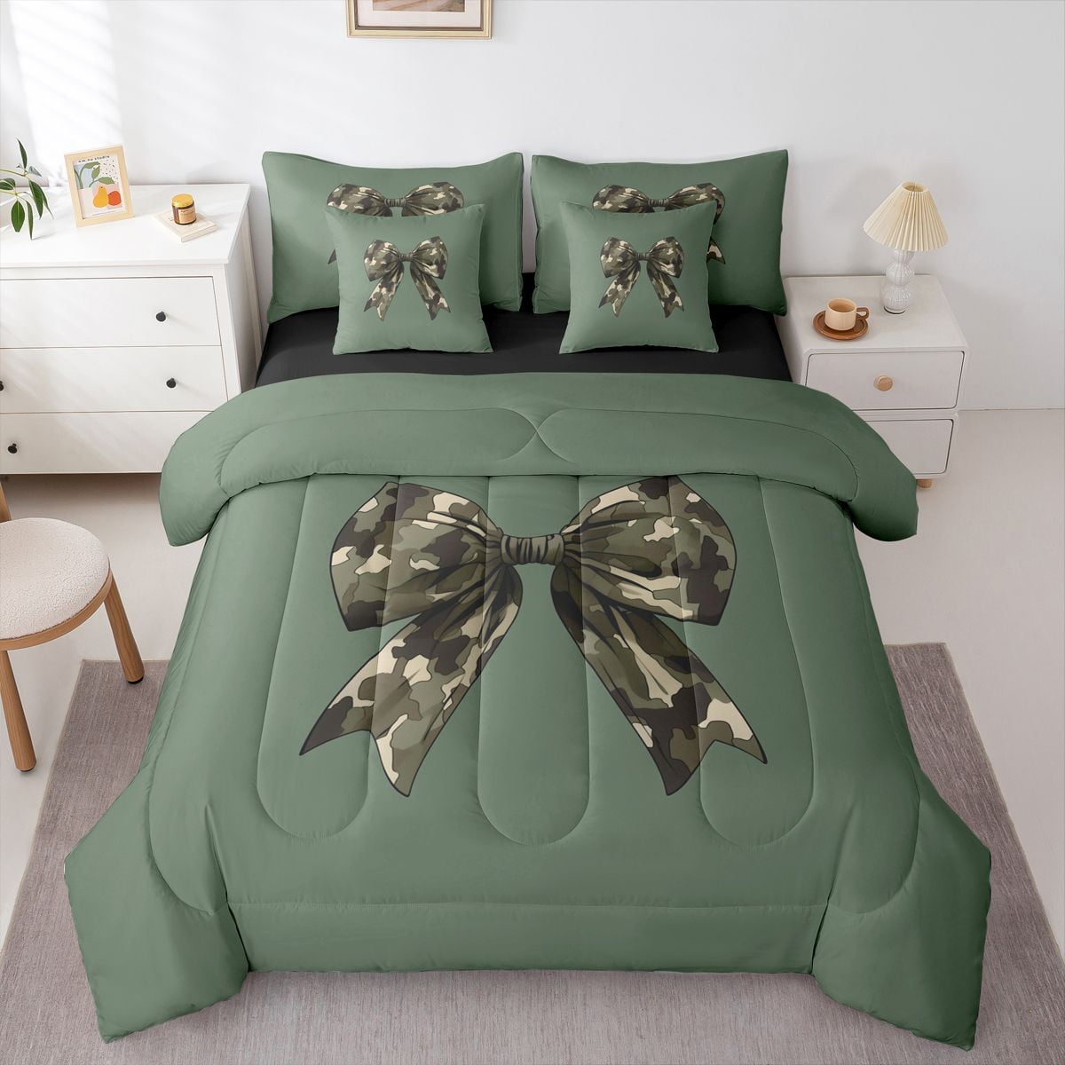 Feelyou Chic Camouflage Bow Bedding Comforter Set 7pcs for Kids, Kawaii ...