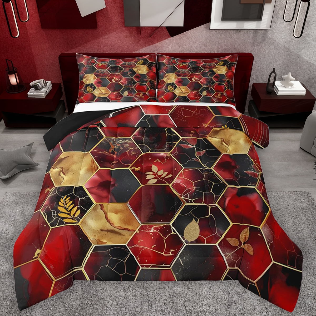 Feelyou Chic Fashion Honeycomb Bedding Comforter Set, Black Red ...
