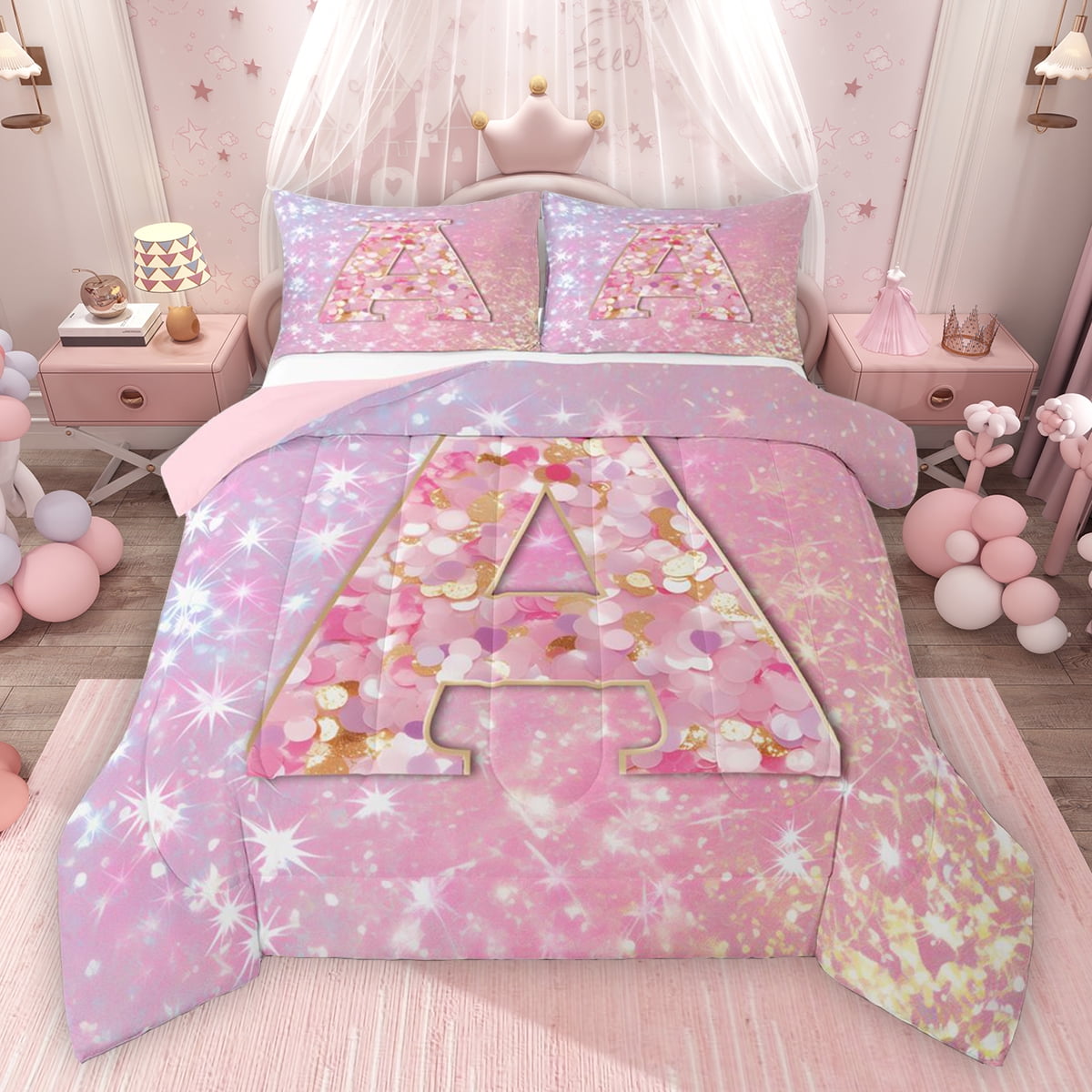 Feelyou Chic Pink Monogrammed A Bedding Comforter Set, Glitter Mermaid ...