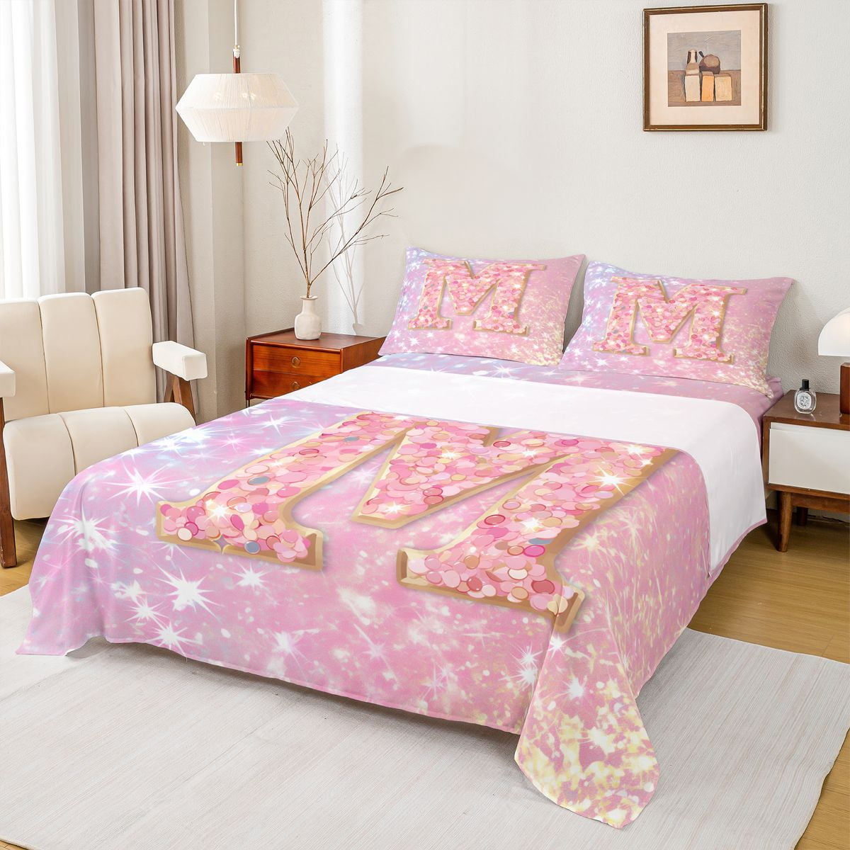 Feelyou Chic Pink Monogrammed M Twin Sheet Sets, Glitter Mermaid Scale ...