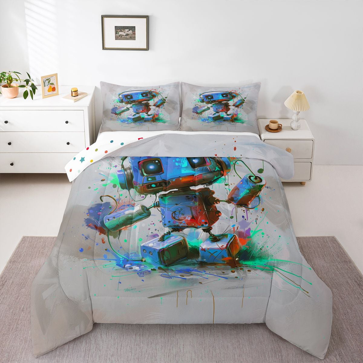 Feelyou Child Splash Robot Queen Comforter Set, Art Watercolor Bedding ...