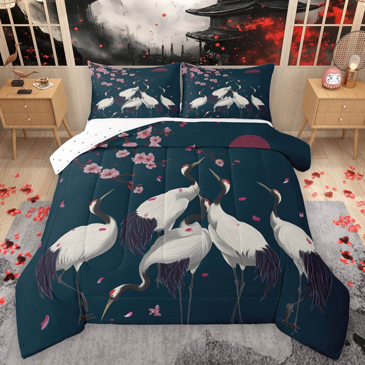 Feelyou Chinese Crane Animal Bedding Comforter Set, Tokyo Cherry ...