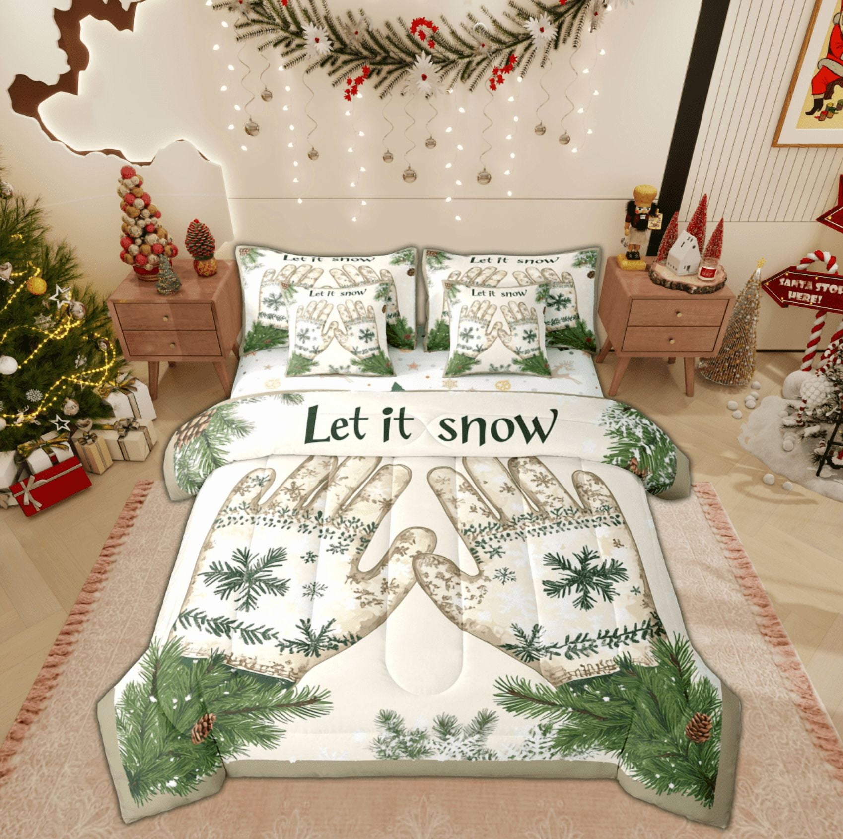 Feelyou Christmas Gloves Bedding Comforter Set 7pcs, Winter Pine Tree ...