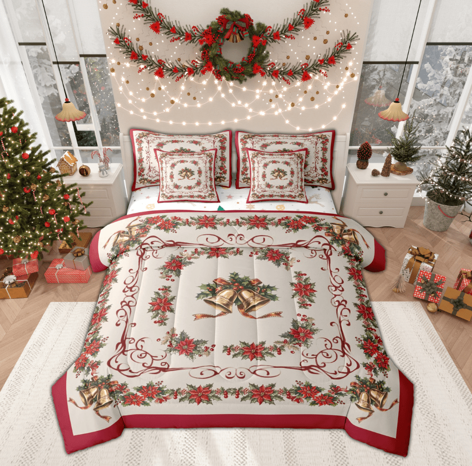 Feelyou Christmas Poinsettia Flower Bedding Comforter Set 7pcs, Vintage ...