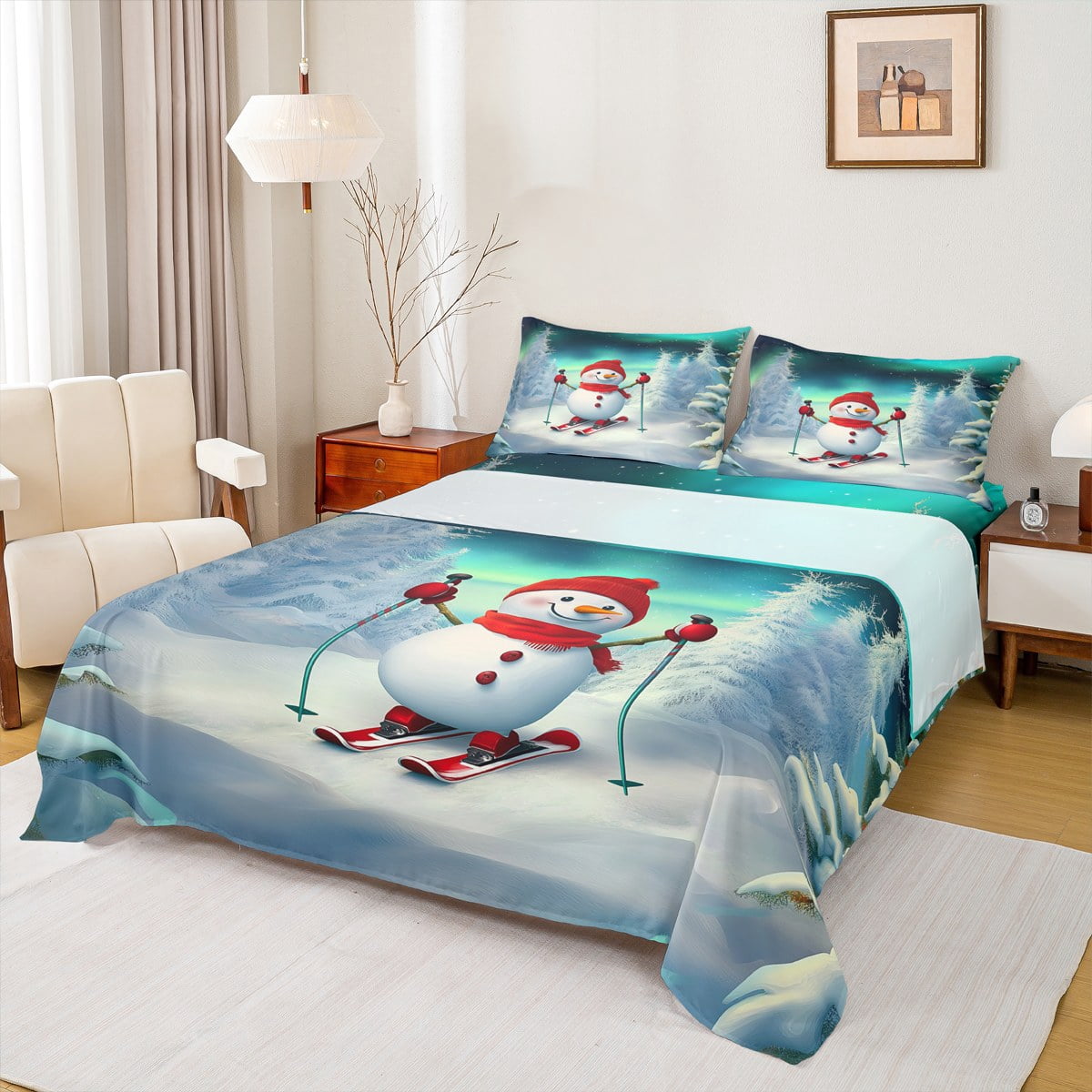 Feelyou Christmas Snowman Kids Queen Sheet Sets, Dreamy Cyan Aurora ...