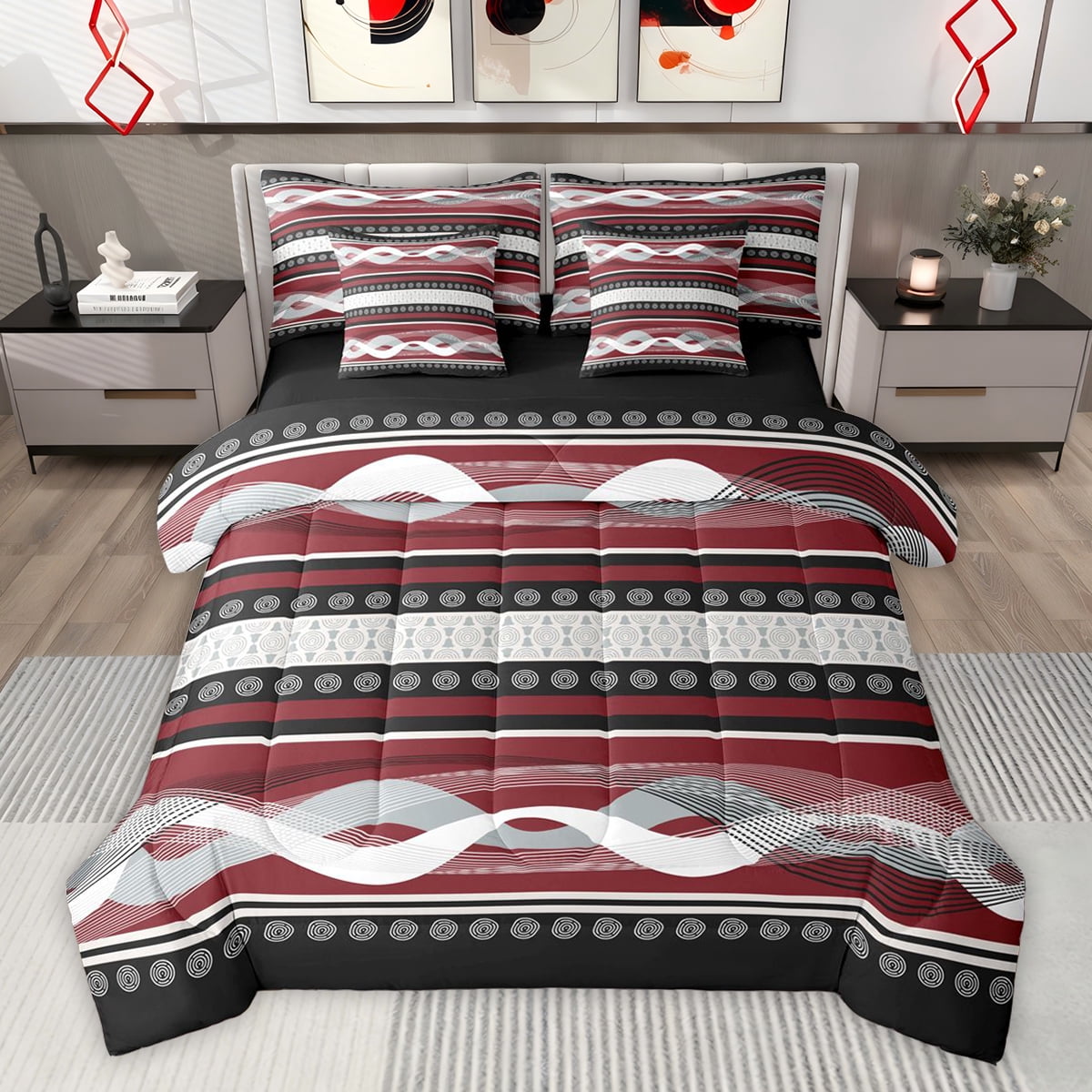 Feelyou Contemporary Art Lines Bedding Comforter Set 7pcs, Red Stripes ...