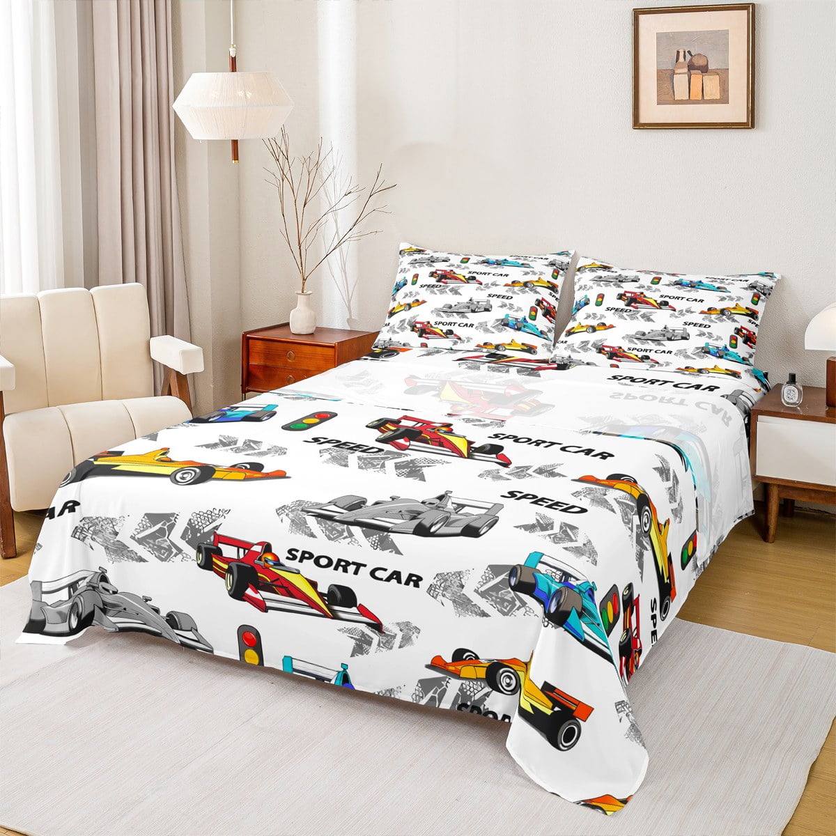 Feelyou Cool Sport Car Bed Sheets for Boys, Racing Theme King Sheets ...