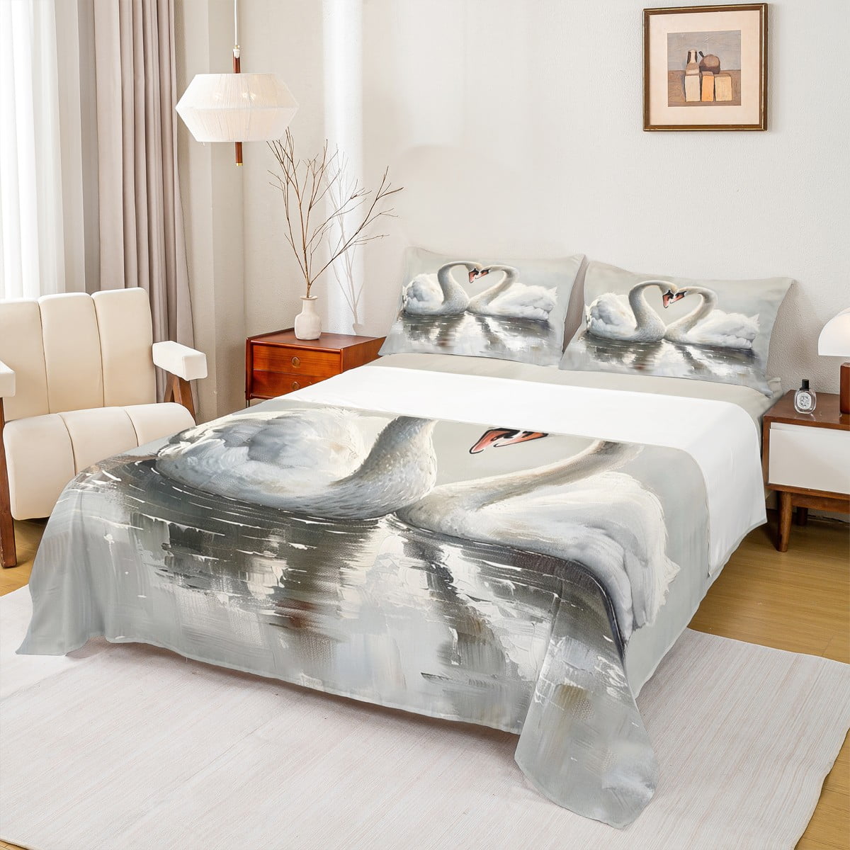 Feelyou Couple White Swan Bed Sheets, Valentines Day Animal King Sheets ...