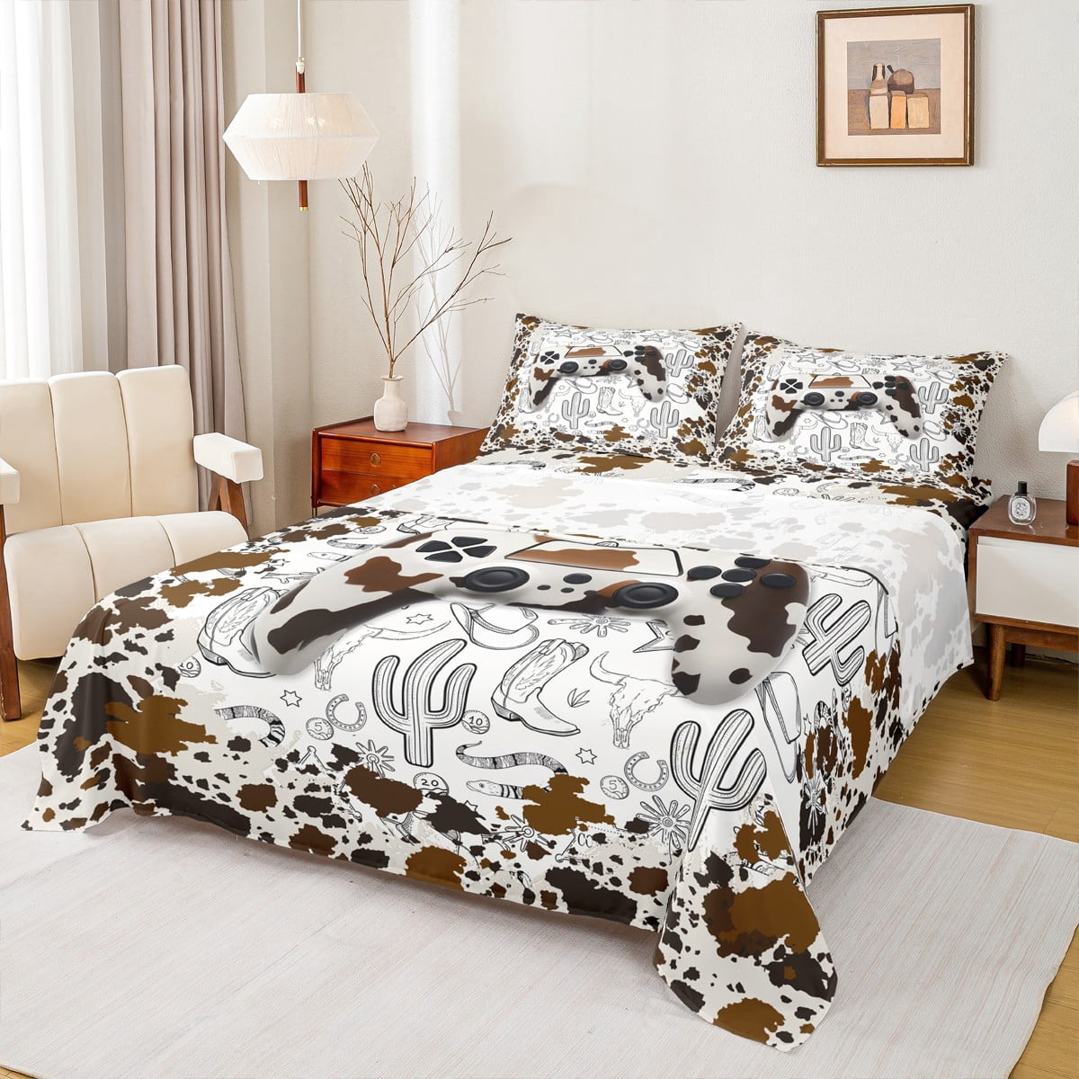 Feelyou Cow Print Gamepad Twin Sheet Sets, Hippie Western Cactus Twin ...