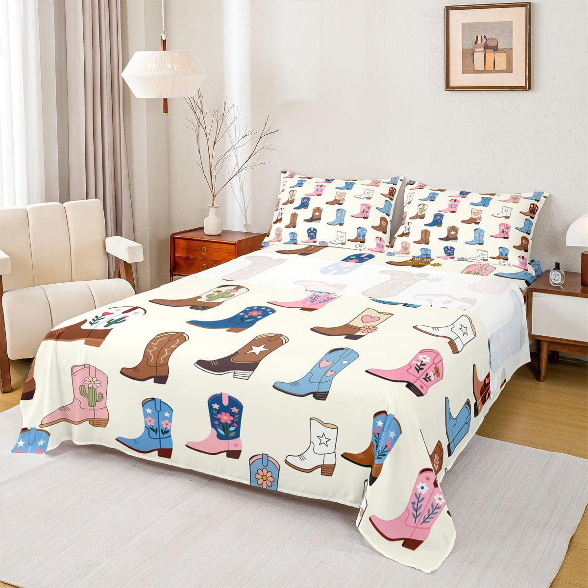Feelyou Cowboy Boot Bed Sheets, Cartoon Bohemian Style King Sheets ...