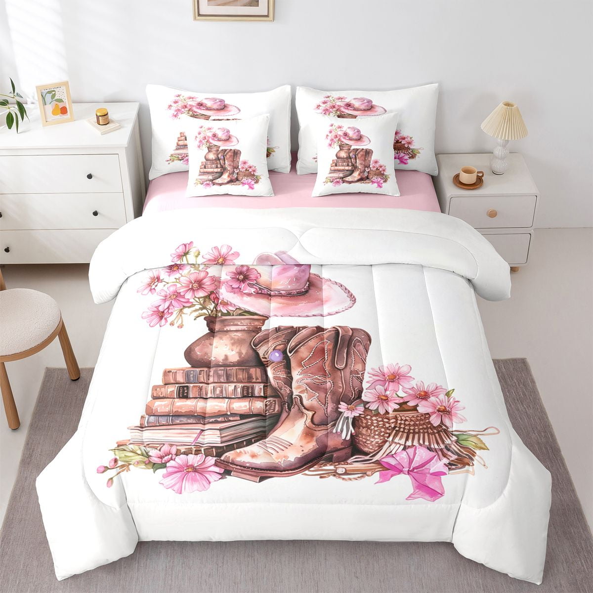 Feelyou Cowgirl Boot Bedding Comforter Set 7pcs, Pink Bowknot Flower ...