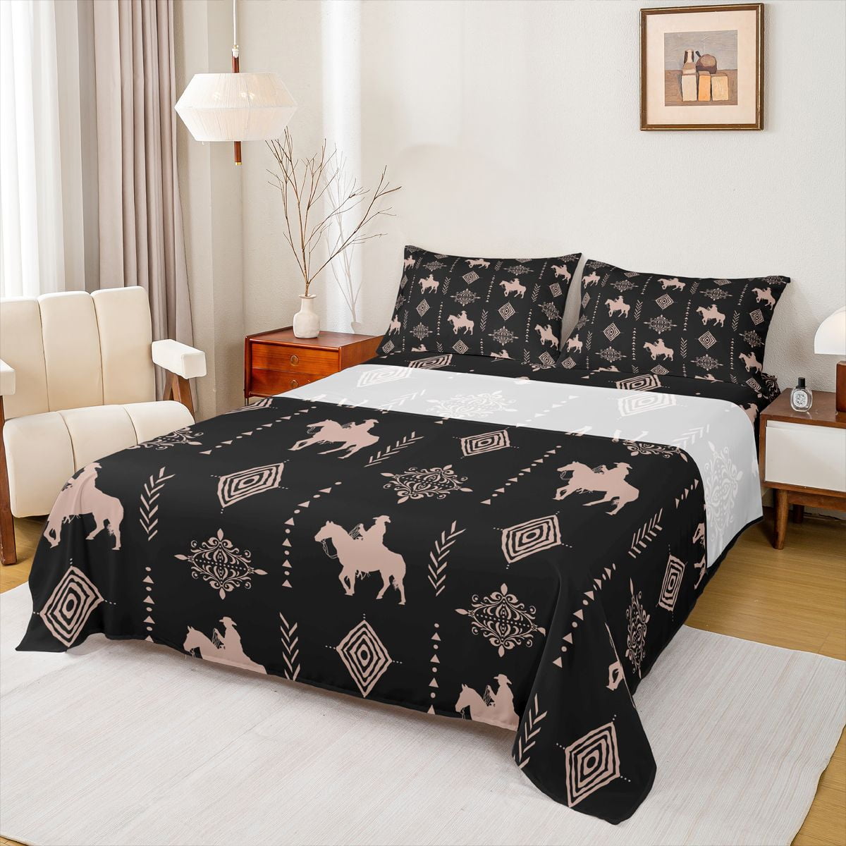 Feelyou Cowgirl Horse Teen Twin Sheet Sets, Black Boho Aztec Bedding, 3 ...